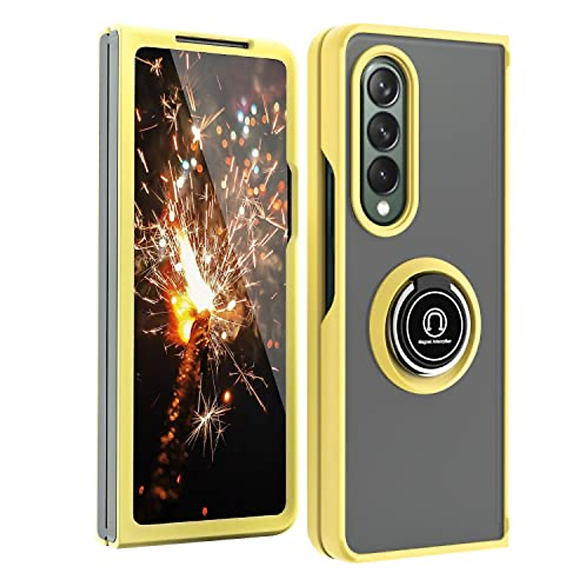 TJS Compatible with Samsung Galaxy Z Fold 3 5G Case, Impact Resistant Bumper 360 Degree Rotating Metal Ring Holder Drop Protective Phone Case Cover (Yellow)