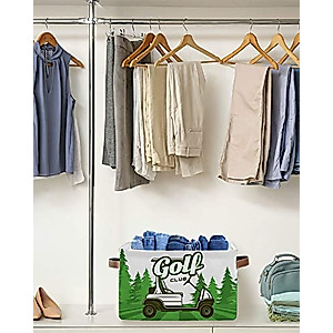 Golf Cart Storage Baskets for Organizing, Golf Club Green Field Pine Tree Balls Sports Theme Fabric Storage Bins for Shelf, Collapsible Cube Bin with Handles for Closet（15''x11''x9.5''）