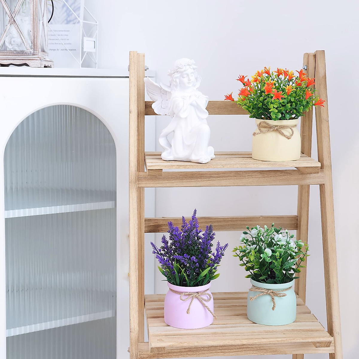 CEWOR Small Artificial Plants, 3 Pack Fake Potted Plants, Small Flowers Artificial Lavender Eucalyptus Boxwood in Plastic Macaron Pots for Home Decor Indoor Outdoor