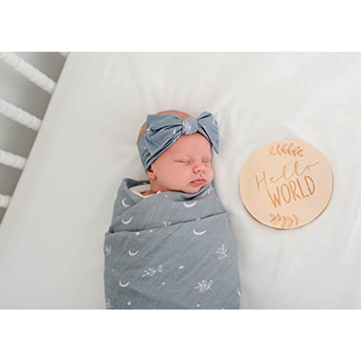 Miaoberry 100% Organic Muslin Swaddle Set w Matching Hat/Bow| Moon Leaves in Haze Blue| Hospital Home-Coming Baby Announcement Blanket Gender Neutral for Boy n Girl