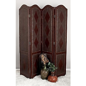 Deco 79 Faux Leather Scroll Partition Room Divider Screen Hinged Foldable Partition 4 Panel Privacy Screen with Faux Leather Detailing, Room Partition 64" x 1" x 71", Brown