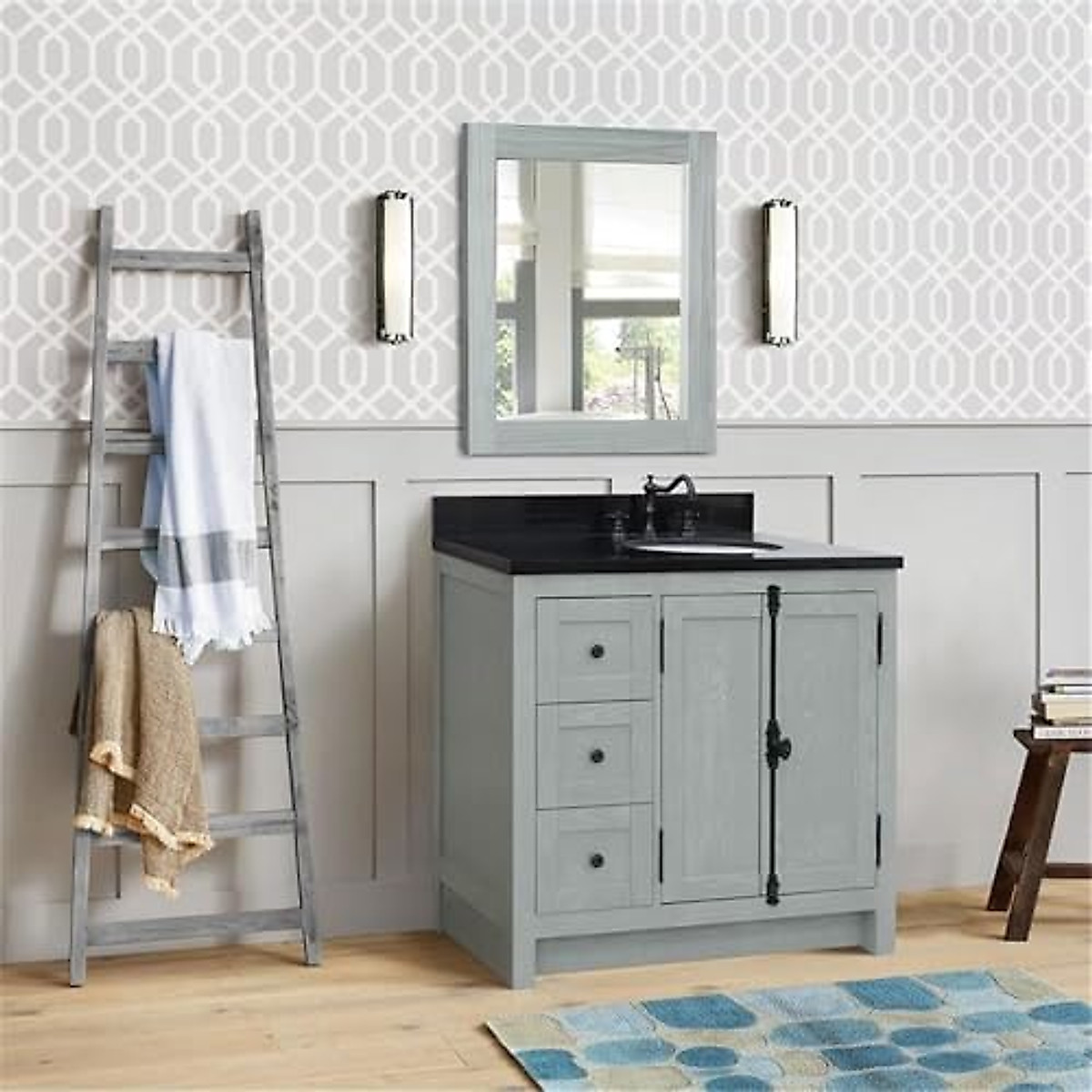 Plantation Solid Wood Vanity with Right Oval Sink in Gray Ash/Black