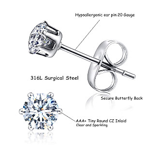 FOSIR 10 Pairs Tiny Women's Stainless Steel Round Clear Cubic Zirconia Stud Earrings (2mm CZ, Surgical Steel)