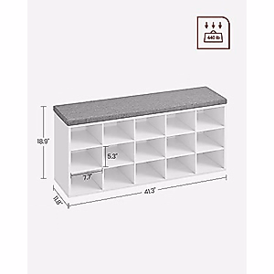 VASAGLE Shoe Bench, Storage Bench, Shoe Rack Bench, Shoe Shelf, Storage Cabinet, 15 Compartments, with Cushion, for Entryway, 11.8 x 41.3 x 18.9 Inches, White and Gray ULHS15WT