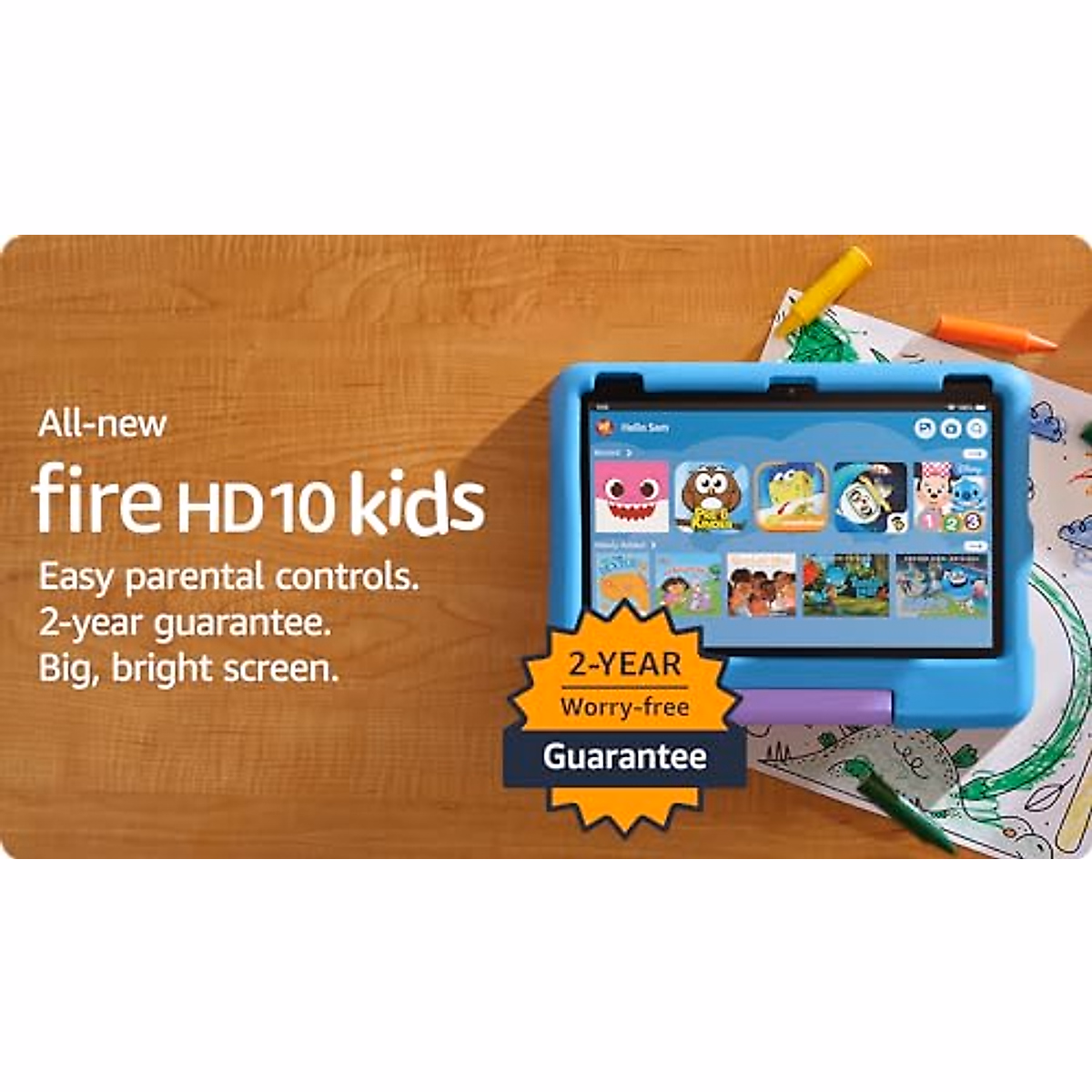 Amazon Fire 10 Kids tablet- 2023, ages 3-7 | Bright 10.1" HD screen with ad-free content and parental controls included, 13-hr battery, 32 GB, Blue