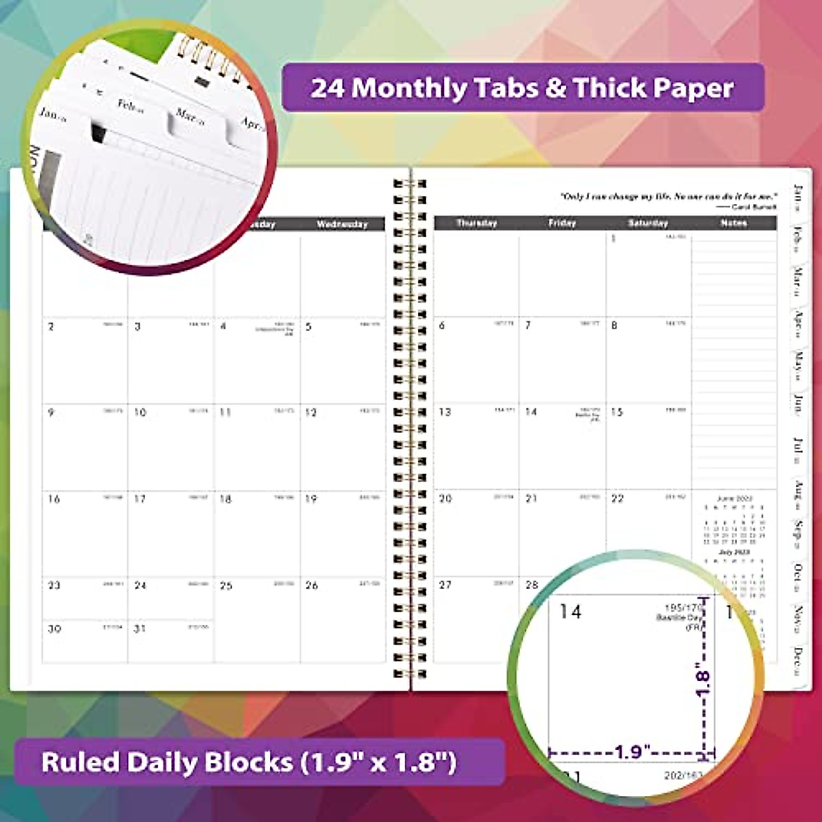 Monthly Planner 2023-2025 - Jul. 2023- Jun. 2025, 2023-2025 Monthly Planner, 9" x 11", 2-Year Monthly Planner with Tabs + PocketThick Paper + Twin-Wire Binding - Dazzle Color Graphics