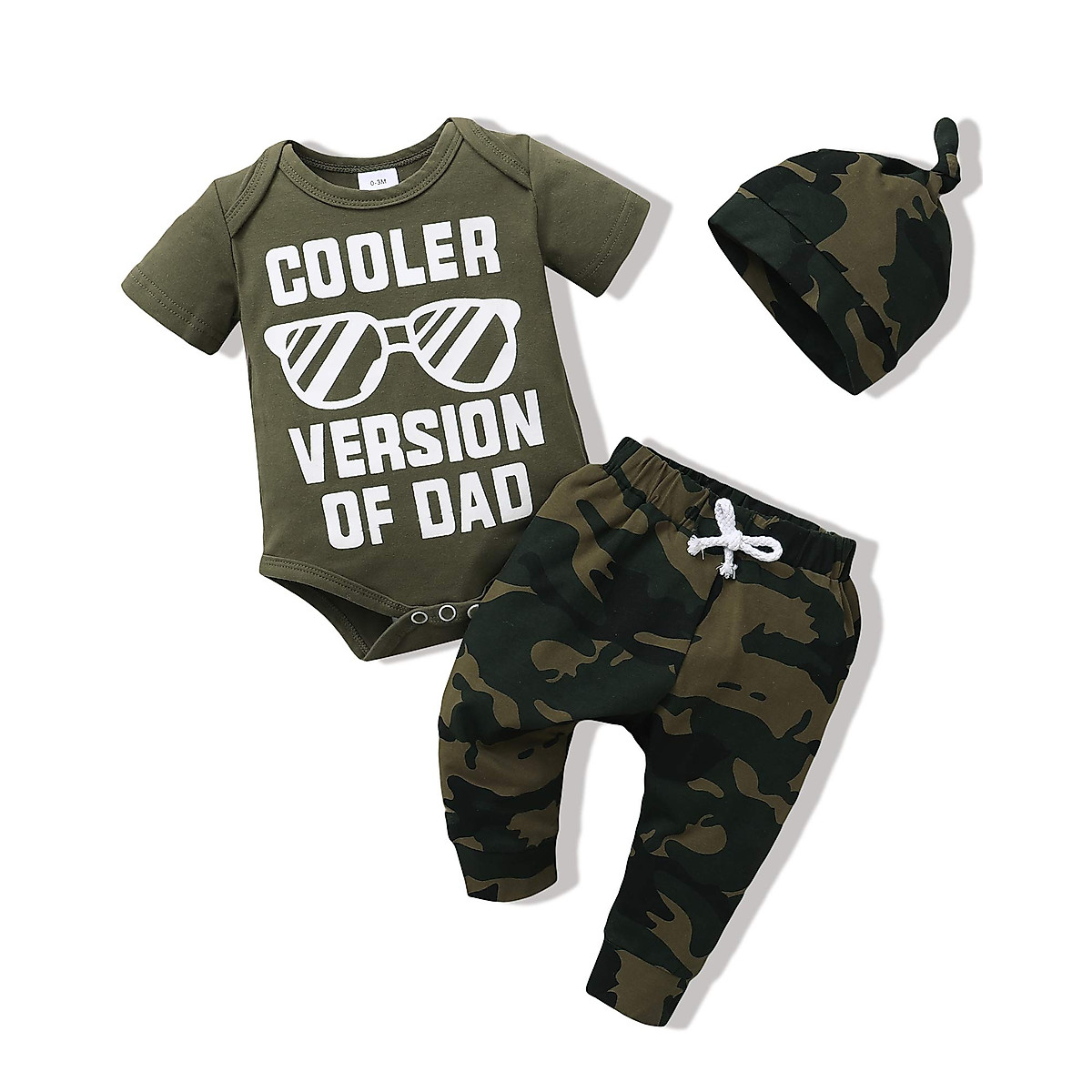 NZRVAWS Baby Boy Clothes Newborn Boy Outfit 3-6 Months Romper Short Sleeve Cooler Version Of Dad Top Camouflage Long Pants Hat 3PC Infant Clothing Set