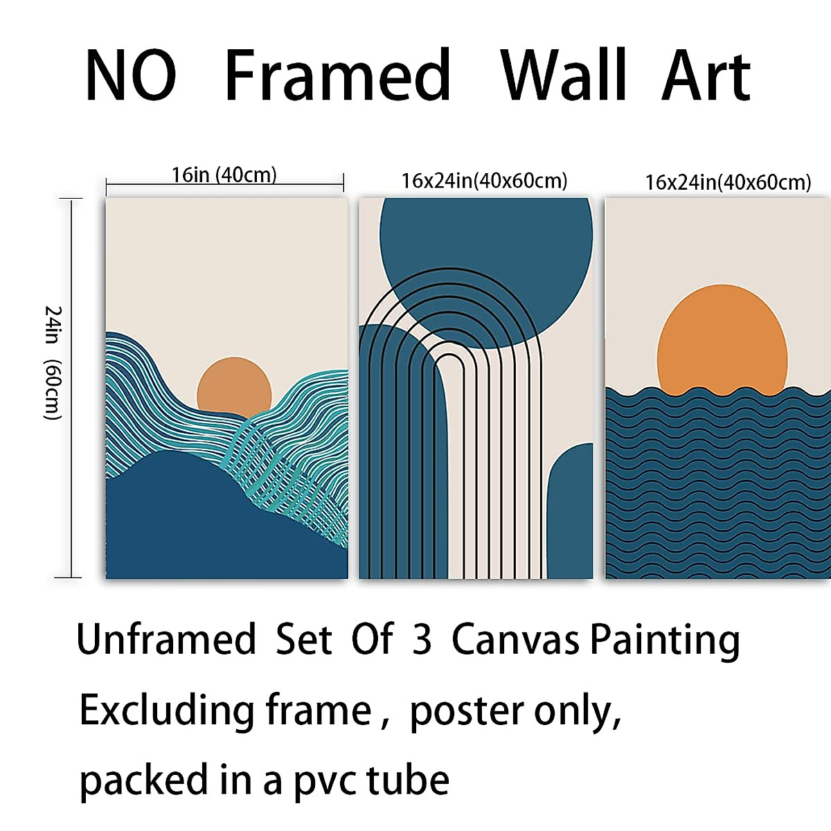 Boho Wall Art Decor Set of 3 Mid Century Blue Modern Rainbow Wall Decor 16x24in Canvas Paintings Print Minimalist Line Sun And Moon Artwork For Bedroom Living Room Nursery Aesthetic Bathroom