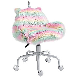 HOMCOM Fluffy Unicorn Office Chair with Mid-Back and Armrest Support, 5 Star Swivel Wheel White Base, Rainbow
