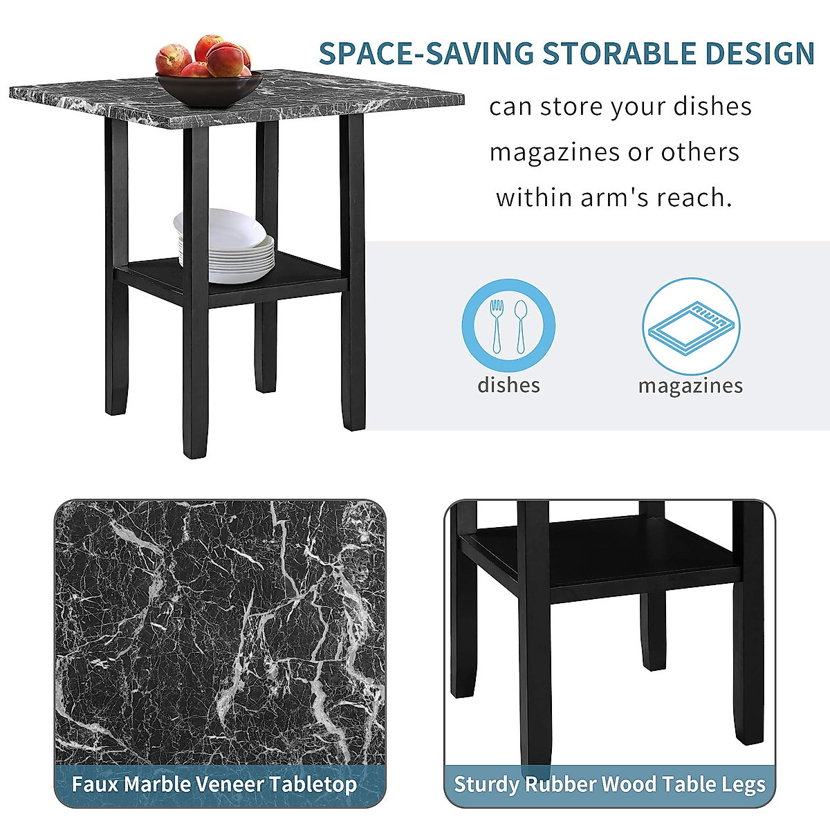 Bellemave Counter Height Dining Table Set with Storage Shelf 5 Piece Bar Height Faux Marble Table and Chairs Dinning Room Breakfast Table Set Pub Table and Chairs Set of 4, Black Chair+Black Table