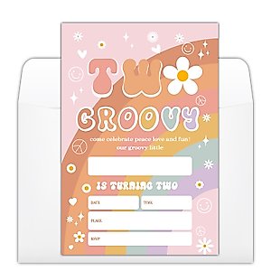 YUEXLL 2nd Birthday Party Invitations Cards with Envelopes, Rainbow Two Groovy Party Invitations, Birthday Celebration Supplies, Double-sided Fill-in bday Invites for Boys Girls- A29