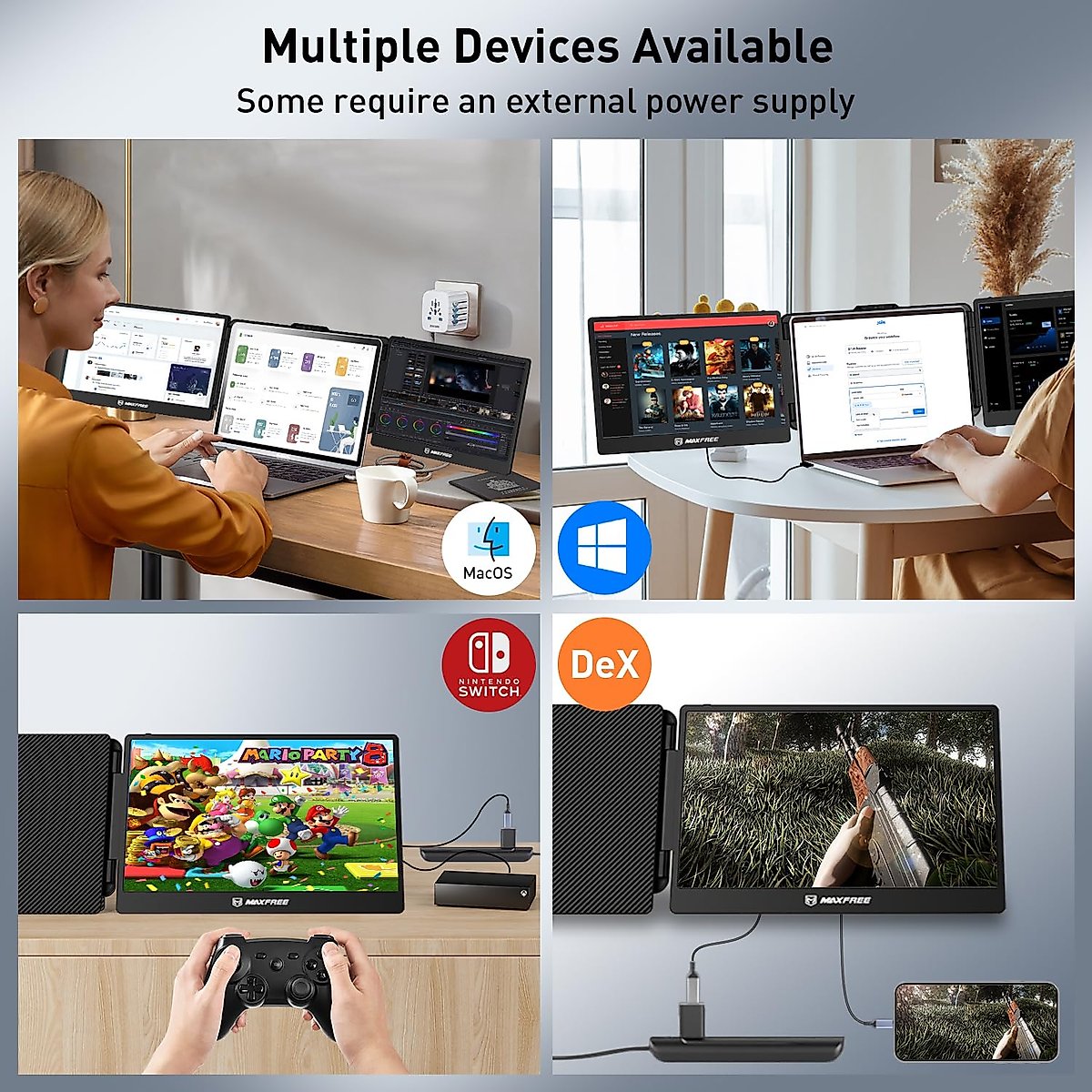 Maxfree S2 Laptop Screen Extender, 14'' Laptop Monitor Extender Plug & Play, 1080P FHD Triple Portable Dual Monitor for 13-17'' Laptops, Compatible with Windows/Mac/Surface/Android/Switch