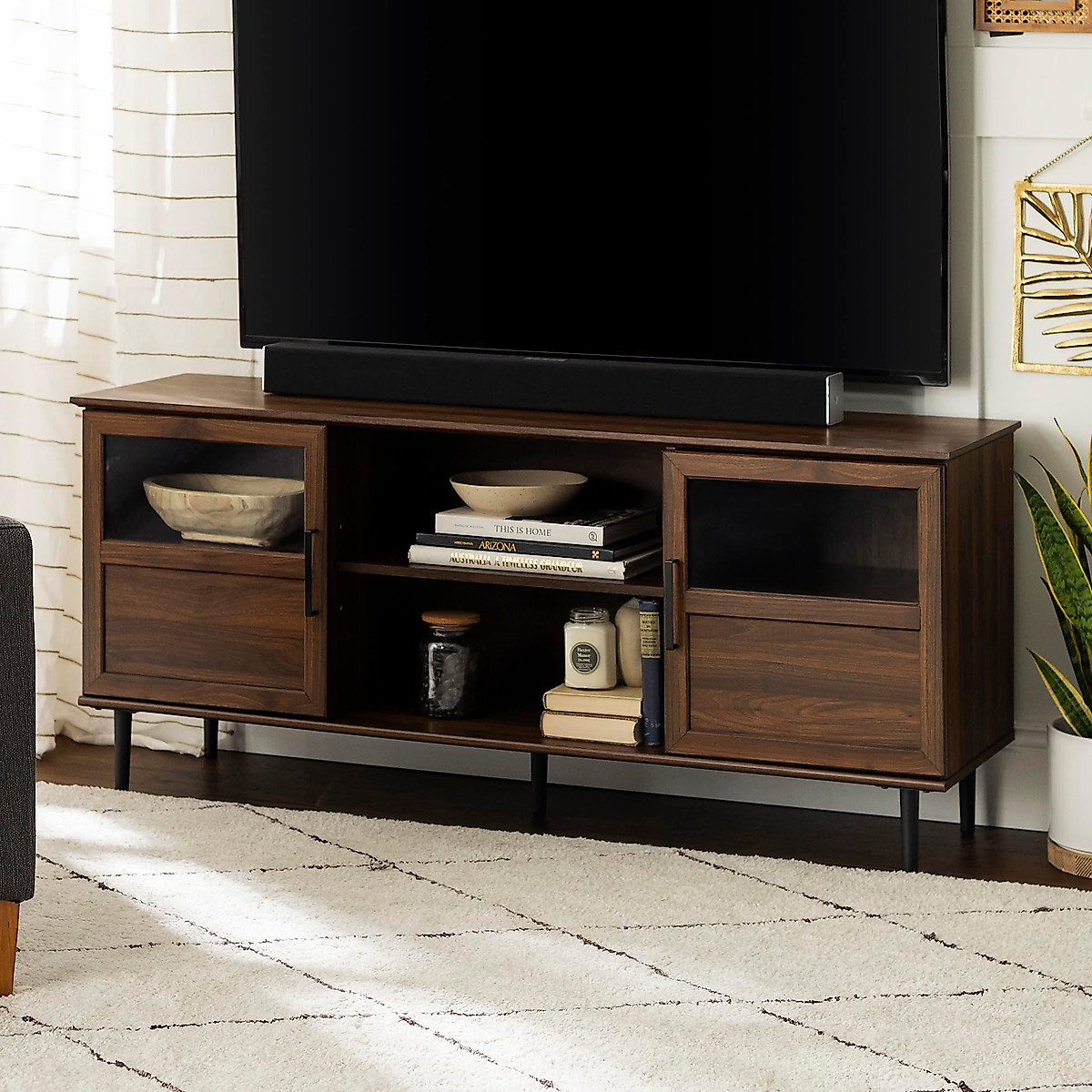 Walker Edison Modern Farmhouse Wood and Glass TV Stand with 2 Cabinet Doors for TV's up to 65" Flat Screen Universal TV Console Living Room Storage Shelves Entertainment Center, 58 Inch, Dark Walnut