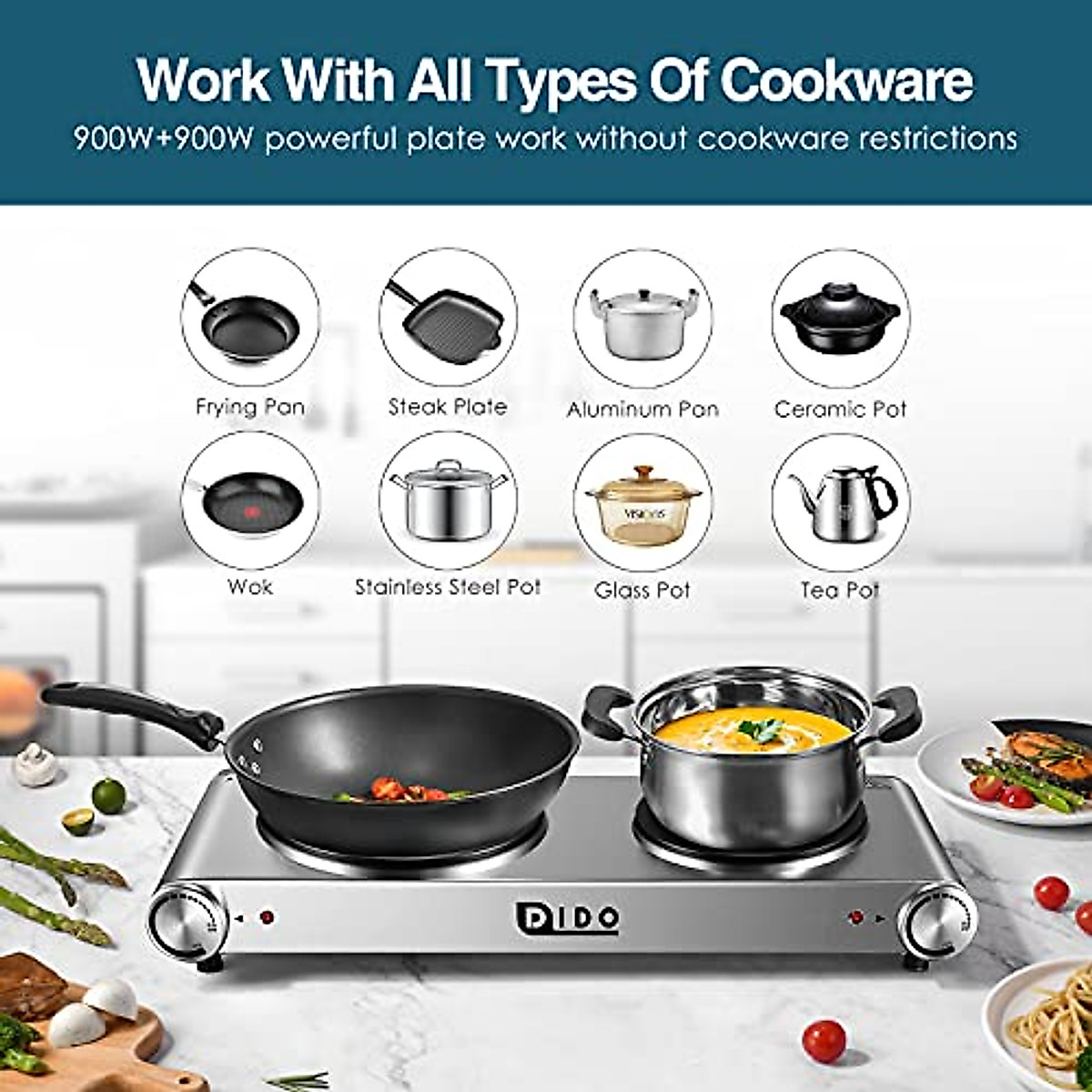 DIDO 1800W Hot Plate, Portable Electric Stove Countertop Cast-Iron Double Burner with Adjustable Temperature& Anti-Slip Feet, Stainless Steel Cooktop for Home/Camp/RV, Compatible for All Cookwares