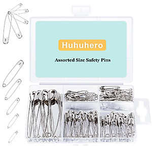 Huhuhero Safety Pins Assorted, 5 Different Sizes Small and Large Safety Pins, Safety Pins for Clothes Halloween Costume Pins Sewing, Nickel Plated Steel Pin Bulk, Arts and Crafts Supplies (Sliver)