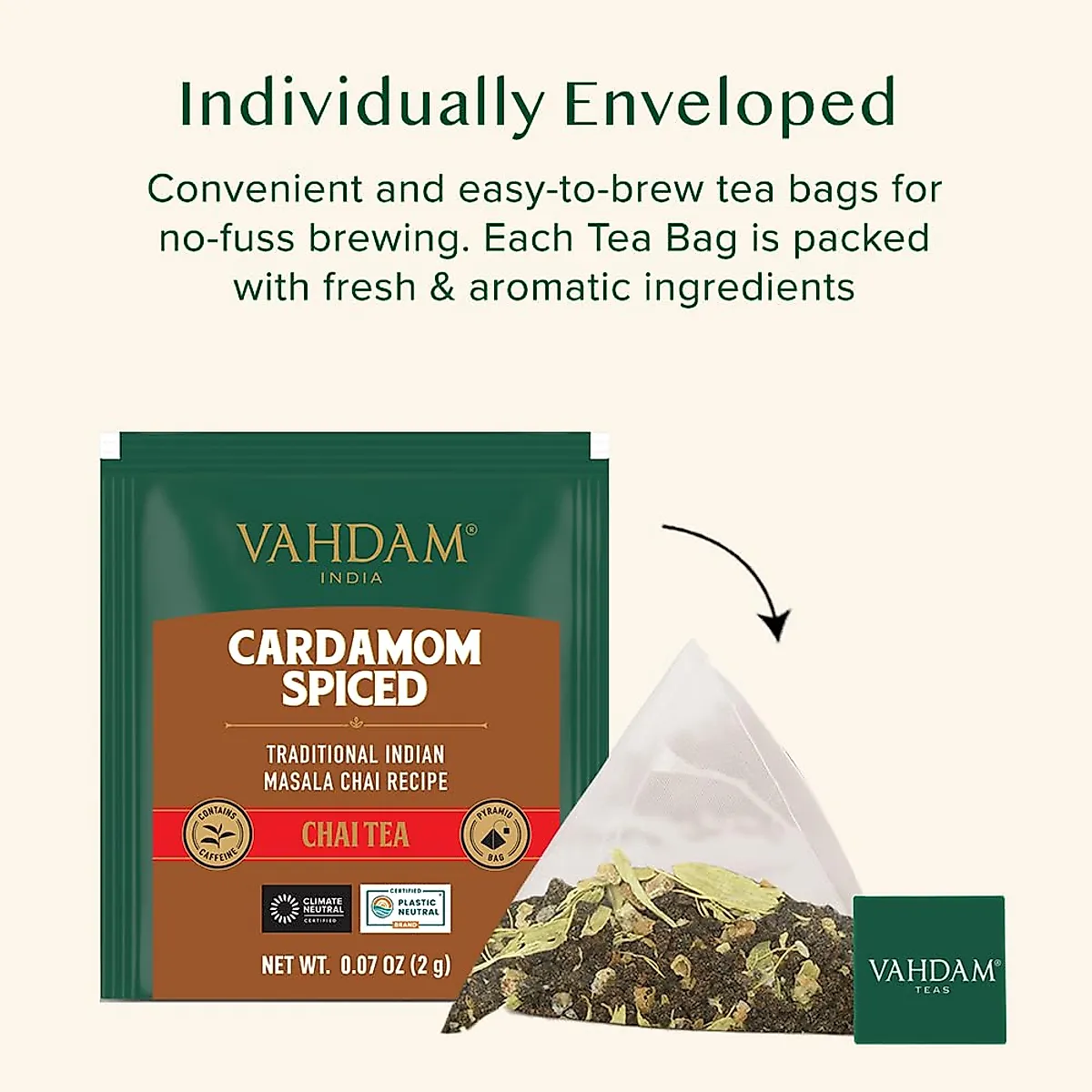 VAHDAM, Cardamom Masala Chai Tea Bags (30 Count) Non GMO, Gluten Free, No Artificial Flavor | Blended w/Exotic Spices | Chai Tea | Resealable Ziplock Pouch | Individually Wrapped