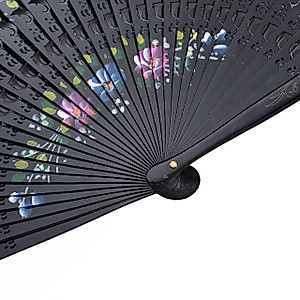 lanermoon Vintage Spanish Folding Fan for Women,Doubled-Side Flower Painting Gypsy Wooden Hand Fan for Dance,Festival Decoration and Gift (Black)
