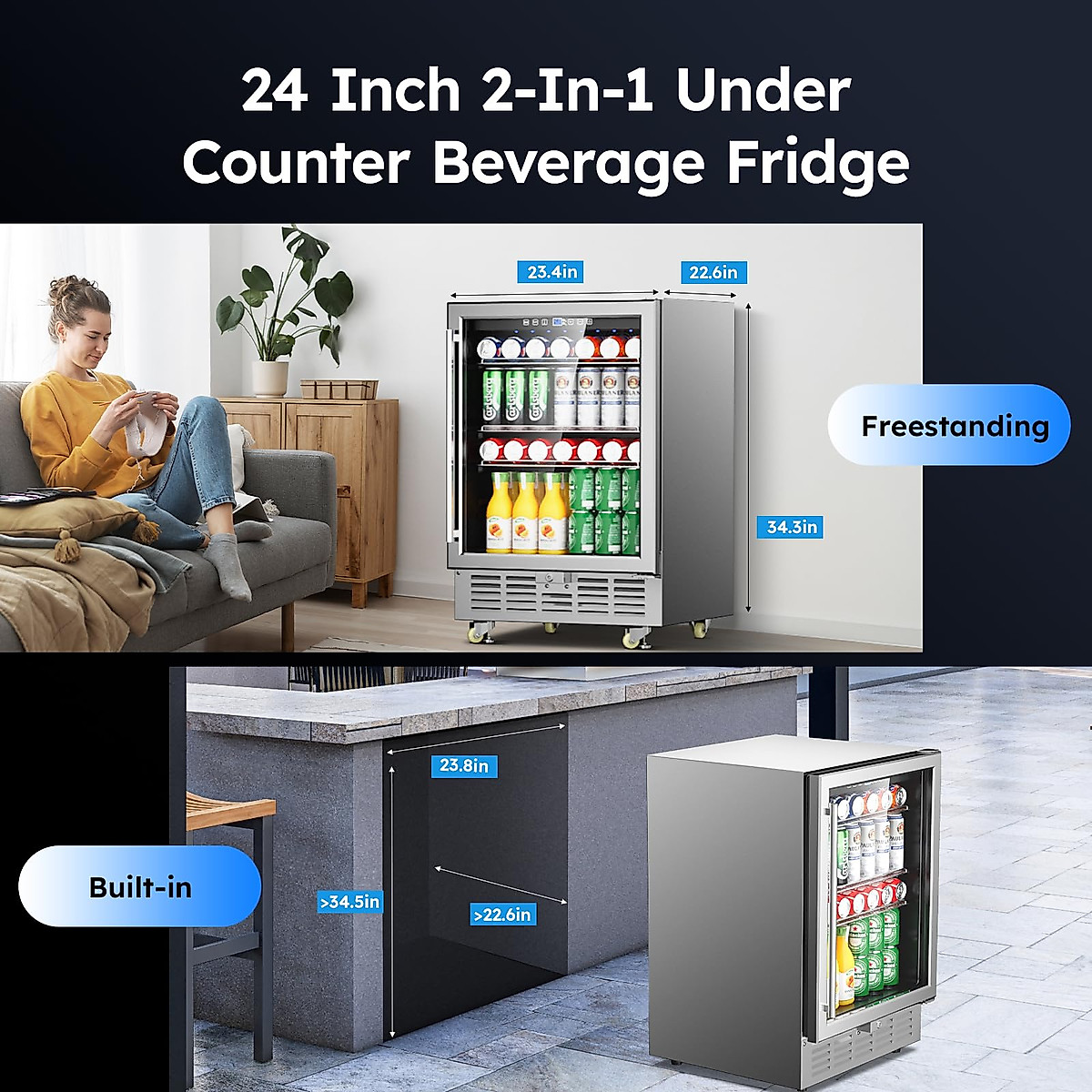 Outdoor Refrigerator, Stainless Outdoor Fridge for Outdoor Kitchen and Patio, Built-in/Freestanding 24 Inch Undercounter Refrigerators with Wheels, 190 Cans Outdoor Beverage Refrigerator Lockable