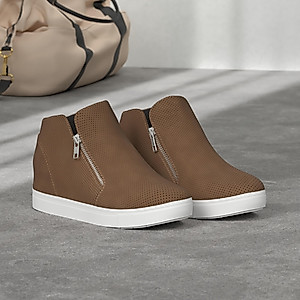 CUSHIONAIRE Women's Hart Sneaker Wedge Booties– Slip-On Sneaker Wedge Boots for Women with Dual Zipper, Cognac 8