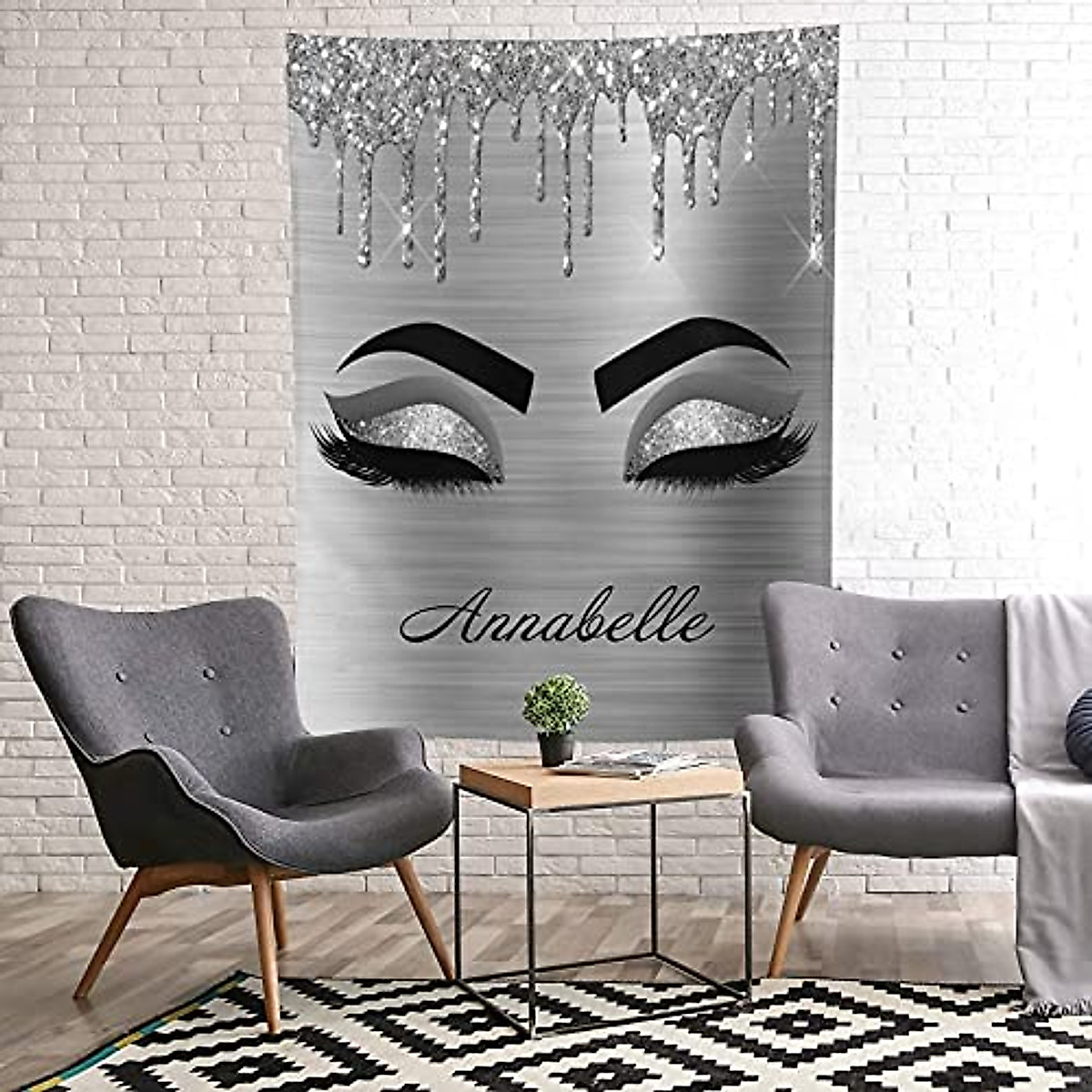 CUXWEOT Custom Blanket Personalized Silver Glitter Sparkle Eyelashes Print Soft Fleece Throw Blanket with Name for Gifts Sofa Bed 50 X 60 inches