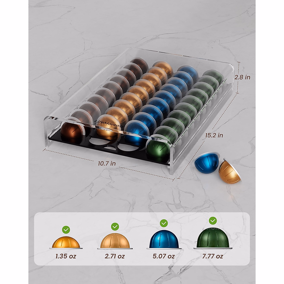 Storage Drawer for Nespresso Vertuo Coffee Pod Holder for Counter Acrylic Coffee Capsule Organizer - 40 Pods