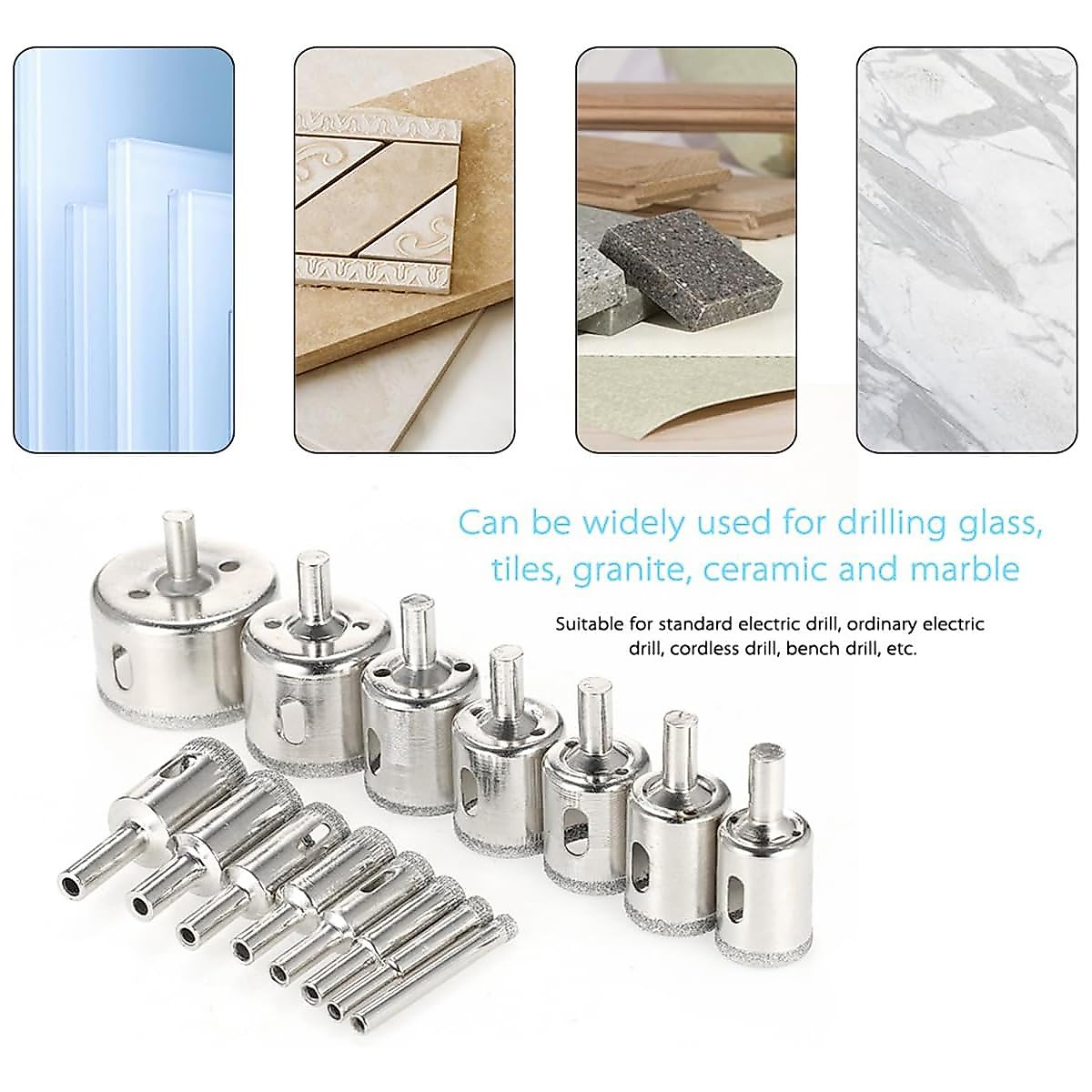 16PCS Diamond Hole Saw Drill Bits Set Kit for Ceramic, Premium Glass Drill Bit for Bottles,Pots, Marble, Granite Stone, Tile Cutting, 1/4 to 2 Inch