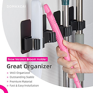 DOMAXCAI 4 Pack Broom Holder Wall Mount, Improved Broom Holder, Super Anti-Slip Mop and Broom Holder Wall Mount, Broom Hanger Gripper for Kitchen, Bathroom, Closet, Garden Garage, Black