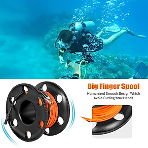 100FT Scuba Diving Reel, Aluminum Alloy Large Scuba Spool Finger Reel with Double-Ended Bolt Snap Clip for Underwater Scuba Diving Snorkeling Spearfishing (Orange Line Black Reel)