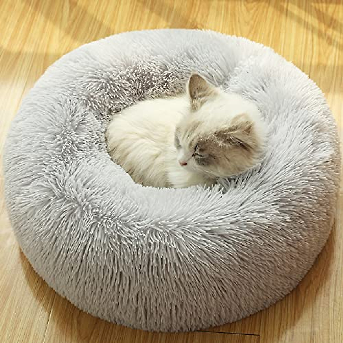 OYANTEN Small Dog Bed Large Cat Bed - Cat Beds for Indoor Cats, Calming Donut Kitty Bed, Round Pet Beds for Small Medium Cats, Soft Fluffy Warm and Cozy (20in, Misty Gray)