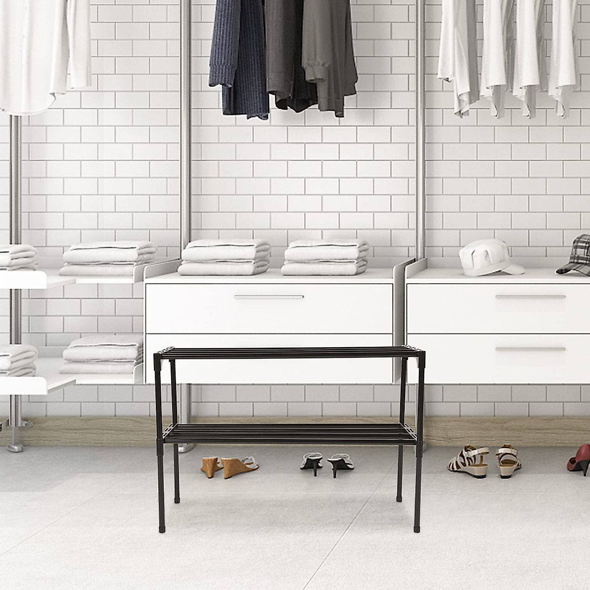 2 Tiers Shoe Shelf Metal Shoe Rack 2- Tier Stackable Shoe Rack Stainless Steel Shoe Organizer Storage Shelf for Bedroom Closet Entryway Black Kids Bookshelf