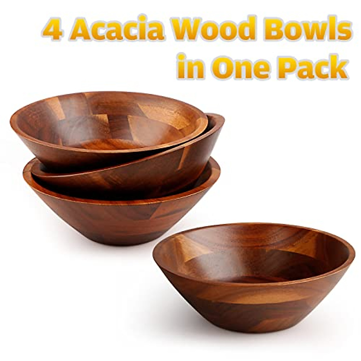 HOMEXCEL Acacia Wooden Salad Bowls Set of 4 Pieces,7” Salad Bowl,Light and Durable Serving Bowl for Containing Salads,Fruit, Soups, Cereal and More