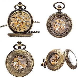ManChDa Mechanical Pocket Watch, for Men Women Special Magnifier Half Hunter Double Open Engraved Case Roman Numerals with Chain + Box Bronze