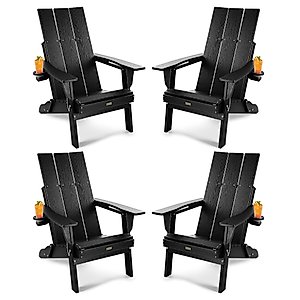 POWERWOOD Modern Adirondack Chairs Set of 4, Oversized HDPE Folding Adirondack Chairs with Cup Holder, Plastic Outdoor Chair, Fire Pit Chairs (Black)