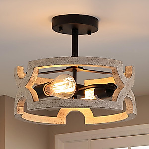 9MMML Flush Mount Ceiling Light, Wood Drum 2 Lights Ceiling Light Fixtures, Rustic Farmhouse Ceiling Lamp for Entryway Hallway Bedroom,E26