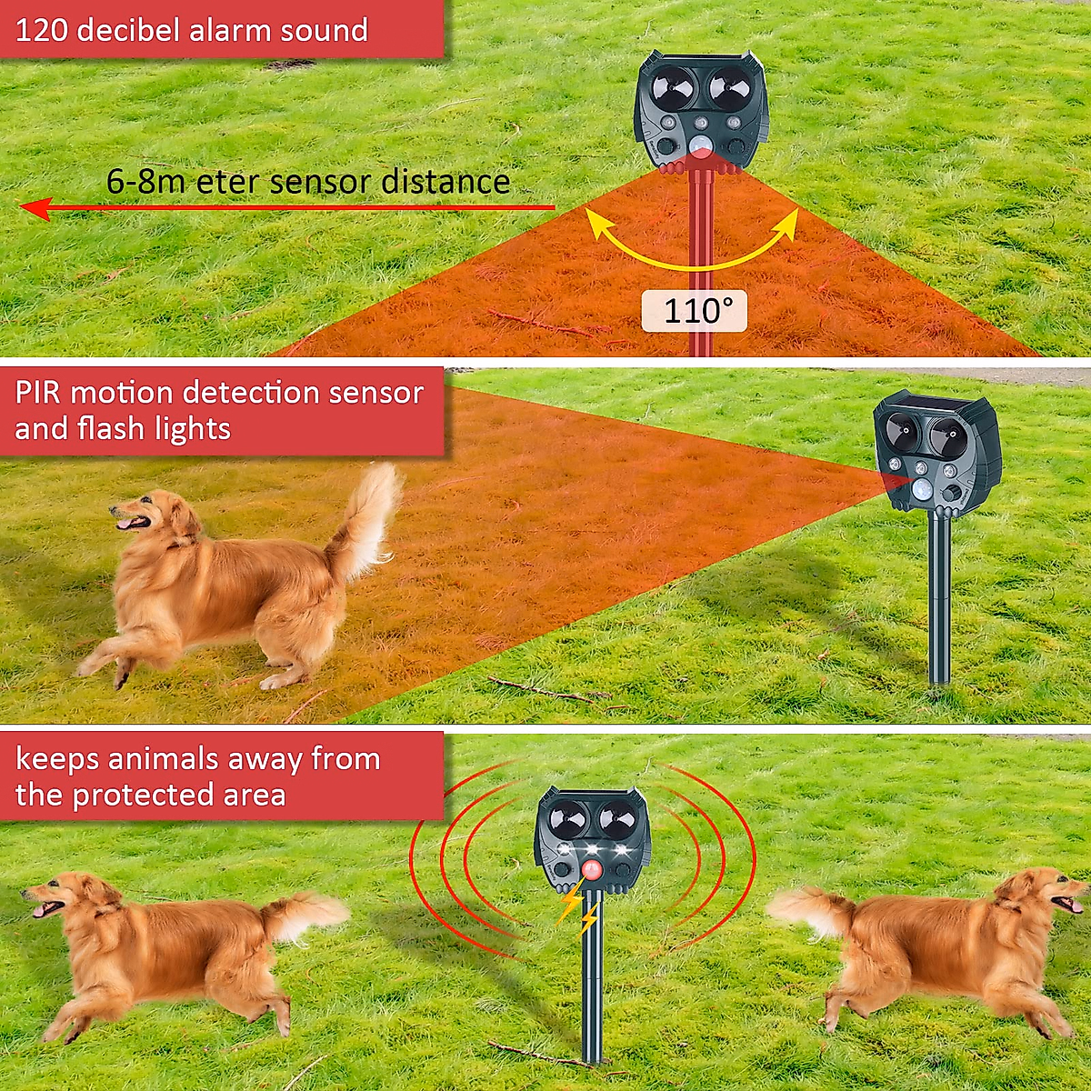 Green Ultrasonic Animal Repellent Outdoor Deterrent Devices Solar Pest Repeller with PIR Motion Sensor and LED Light Repel Squirrel Rodent Raccoon Skunk Deer for Yard Patio (4)