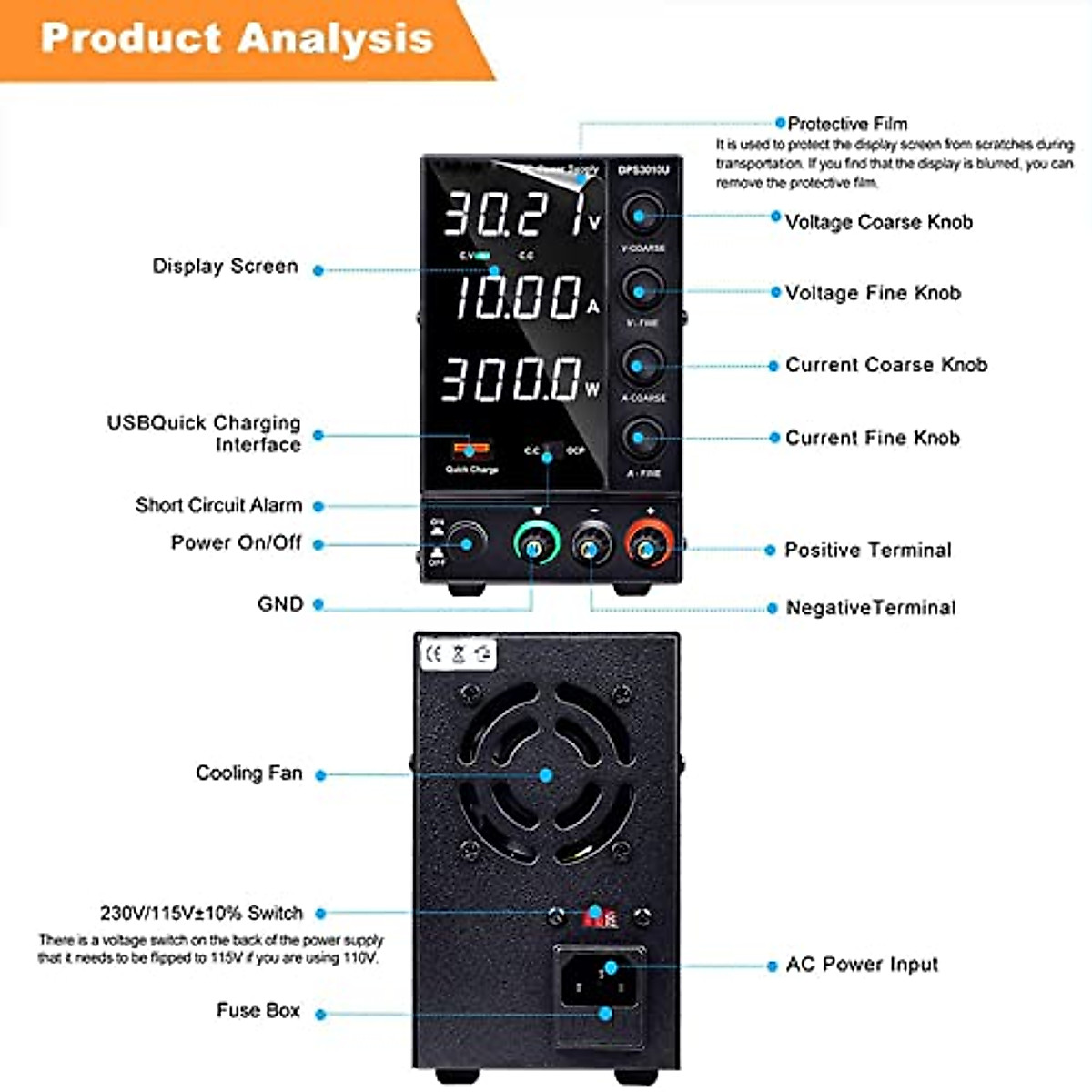 MROTEX Programmable DC Power Supply, Adjustable DC Power Supply 30V 10A Laboratory Power Supply Adjustable 60V 5A USB Regulated Switching Power Supply (Size : 30V 5A 150W)
