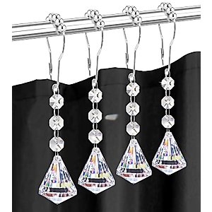 Yapicoco Shower Curtain Hooks Rings for Bathroom, 18PCS Shower Hooks with Gemstone Crystal Bead Charms, Stainless Steel Rust Resistant Curtain Rings (Clear Diamond)