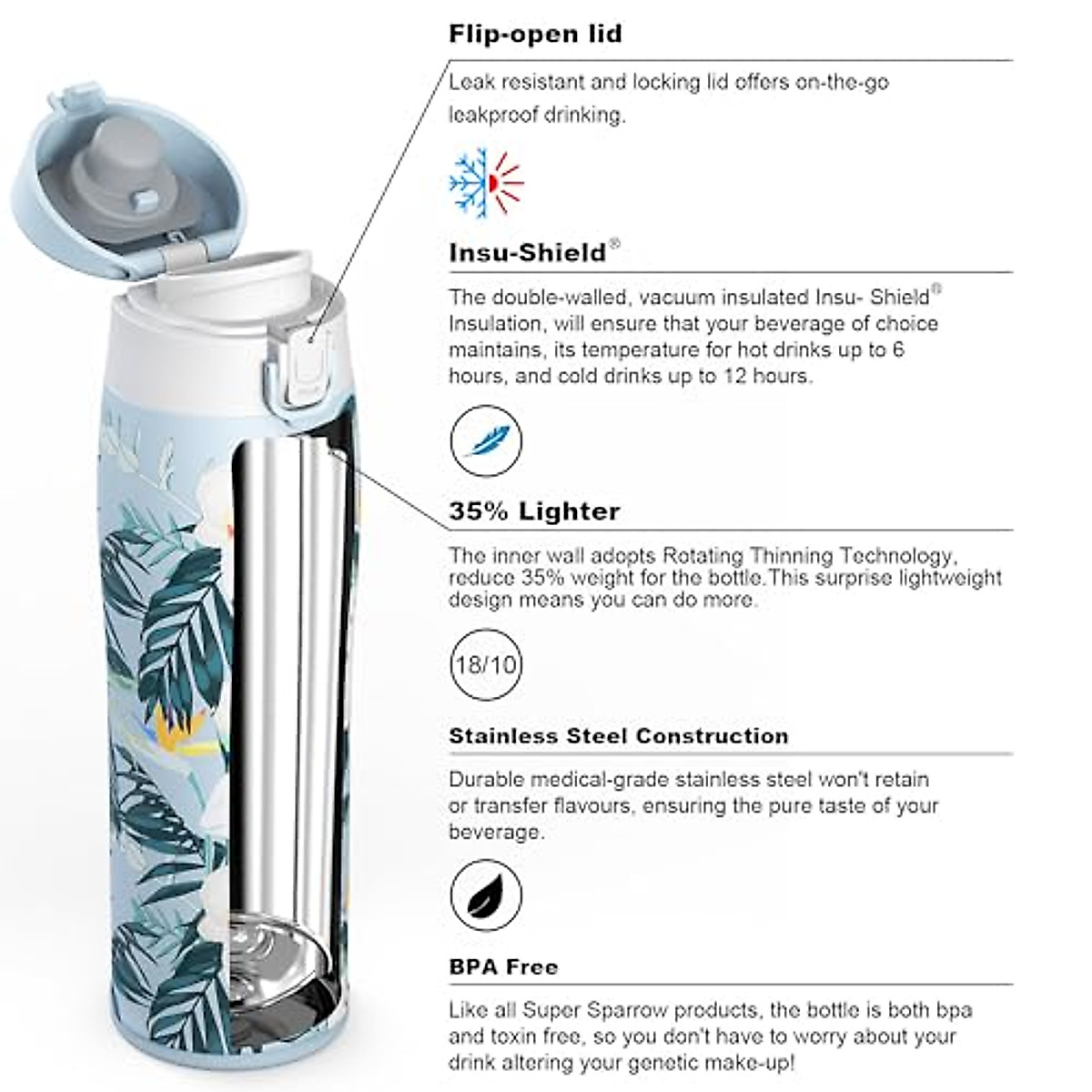 Super Sparrow Insulated Water Bottle Stainless Steel -12oz - BPA-Free Travel Mug - Reusable Kids Water Bottle - Leakproof Metal Flask for Sports, Travel, School