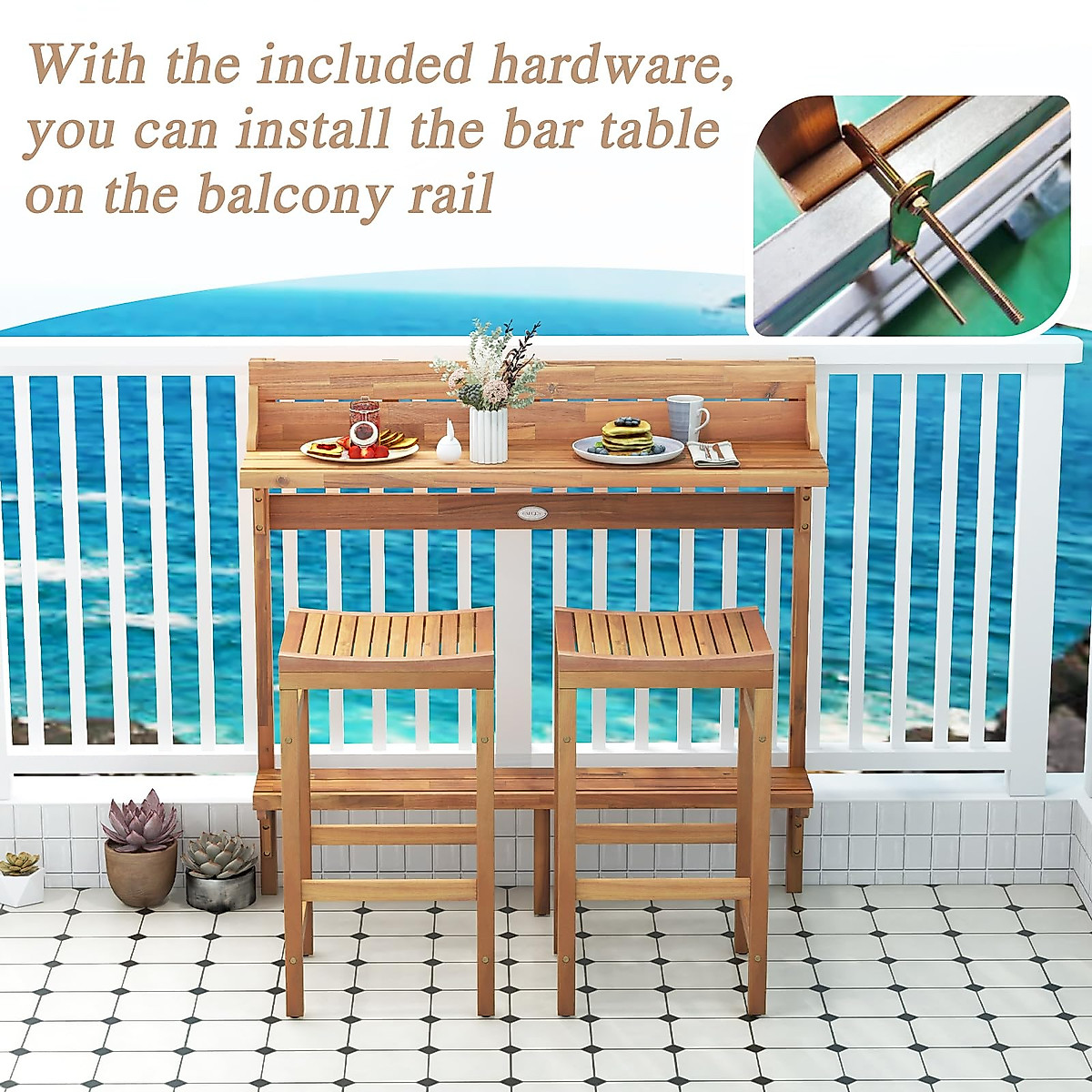 Tangkula 3 Pieces Acacia Wood Balcony Table Set, Outdoor Bar Height Table & 2 Bar Stools w/Shelf, Footrest, Curved Wood Seat, Back Rail for Assembly, for Balcony, Patio and Small Outside Space (1)