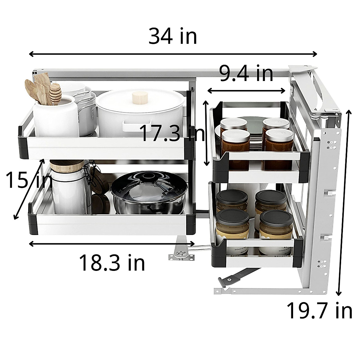 LOYALHEARTDY Blind Corner Cabinet Pull Out, 15in Open Stainless Steel Blind Corner Cabinet Organizer with 2 Tiers 4 Baskets Blind Corner Soft Close Swing Tray for Right Handed Open Cabinet