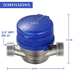LEADWIN Water Metal, Flow Meter, DN15, 1/2" NPT Couplings, Accurate Long Time Cold Water Meter, for Garden and Home Use