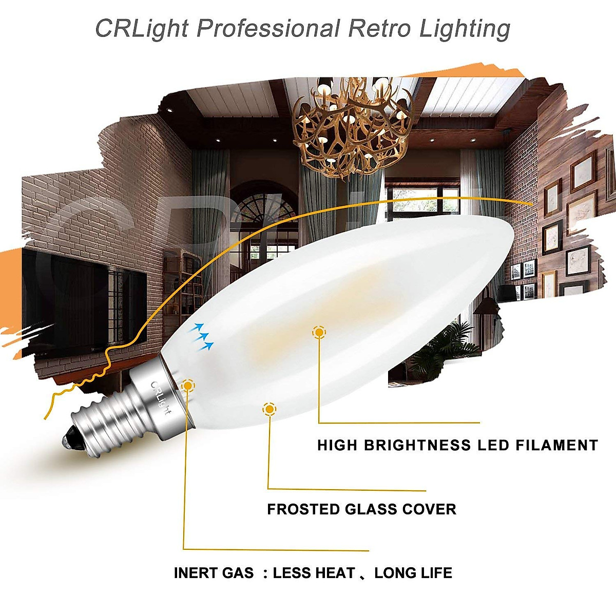 CRLight LED Candelabra Bulb 25W Equivalent 250LM, 3000K Soft White 2W LED Chandelier Light Bulbs, E12 Vintage Edison B10 Frosted Glass Dimmable LED Candle Bulbs, 6 Pack