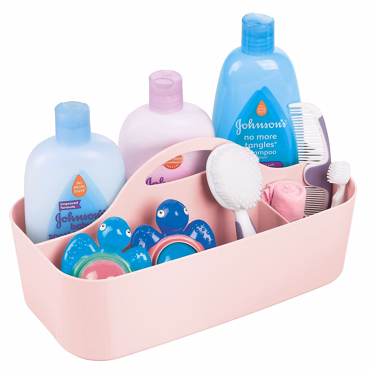 mDesign Plastic Portable Nursery Storage Organizer Caddy Tote - Divided Basket Bin with Handle - Holds Bottles, Spoons, Bibs, Pacifiers, Diapers, Wipes, Baby Lotion - Lumiere Collection - Light Pink