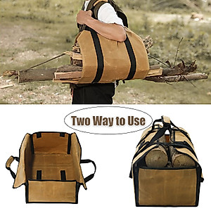 TINY SPARK Large Firewood Tote Log Carrier 2-Way to Carry Waxed Canvas Firewood Carrying Bag Indoor Fire Pit Fireplace Wood Log Case for Outdoor Camping (Khaki)