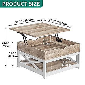 YITAHOME Lift Top Coffee Table, Square Farmhouse Coffee Table, Coffee Table with Double Storage, Rustic Wood Center Table for Living Room,Grey Wash