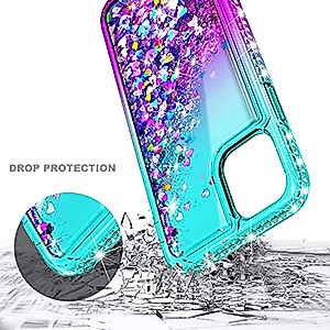 NGB Compatible with iPhone 12 Mini Case with Tempered Glass Screen Protector, Ring Holder/Wrist Strap, Girls Women Liquid Bling Sparkle Floating Glitter Cute Phone Case (Aqua/Purple)