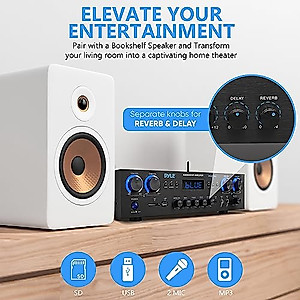 Pyle Bluetooth Home Audio Theater Amplifier Stereo Receiver 4 Channel 800 Watt Sound System w/MP3, USB, SD, AUX, RCA, FM,MIC, Headphone, Reverb Delay, LED Vol, for Home/Studio/Theater Speakers