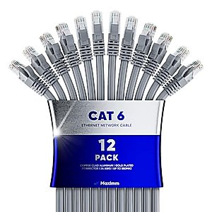 Maximm Cat 6 Ethernet Cable 15 Ft, (12-Pack) Cat6 Cable, LAN Cable, Internet Cable, Patch Cable and Network Cable - UTP (Gray) 15 Feet ethernet Cord