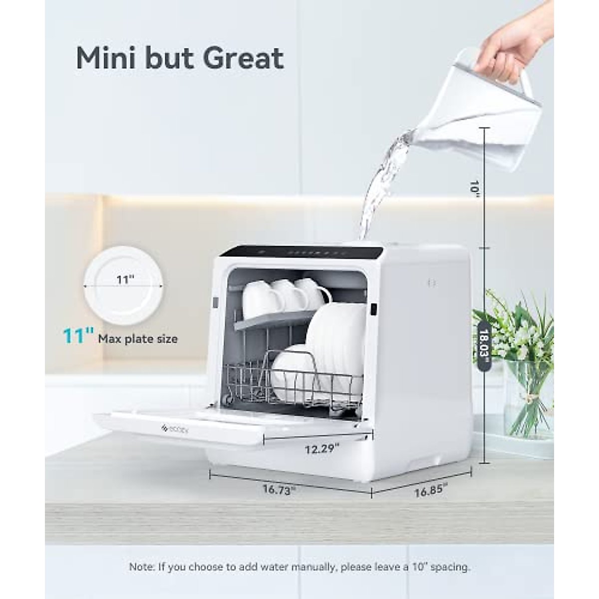 ecozy Portable Dishwasher Countertop, Mini dishwasher with a Built-in 5L Water Tank, No Hookup Needed, 6 Programs, Extra Dry Function for Apartments, Camping and RV, White