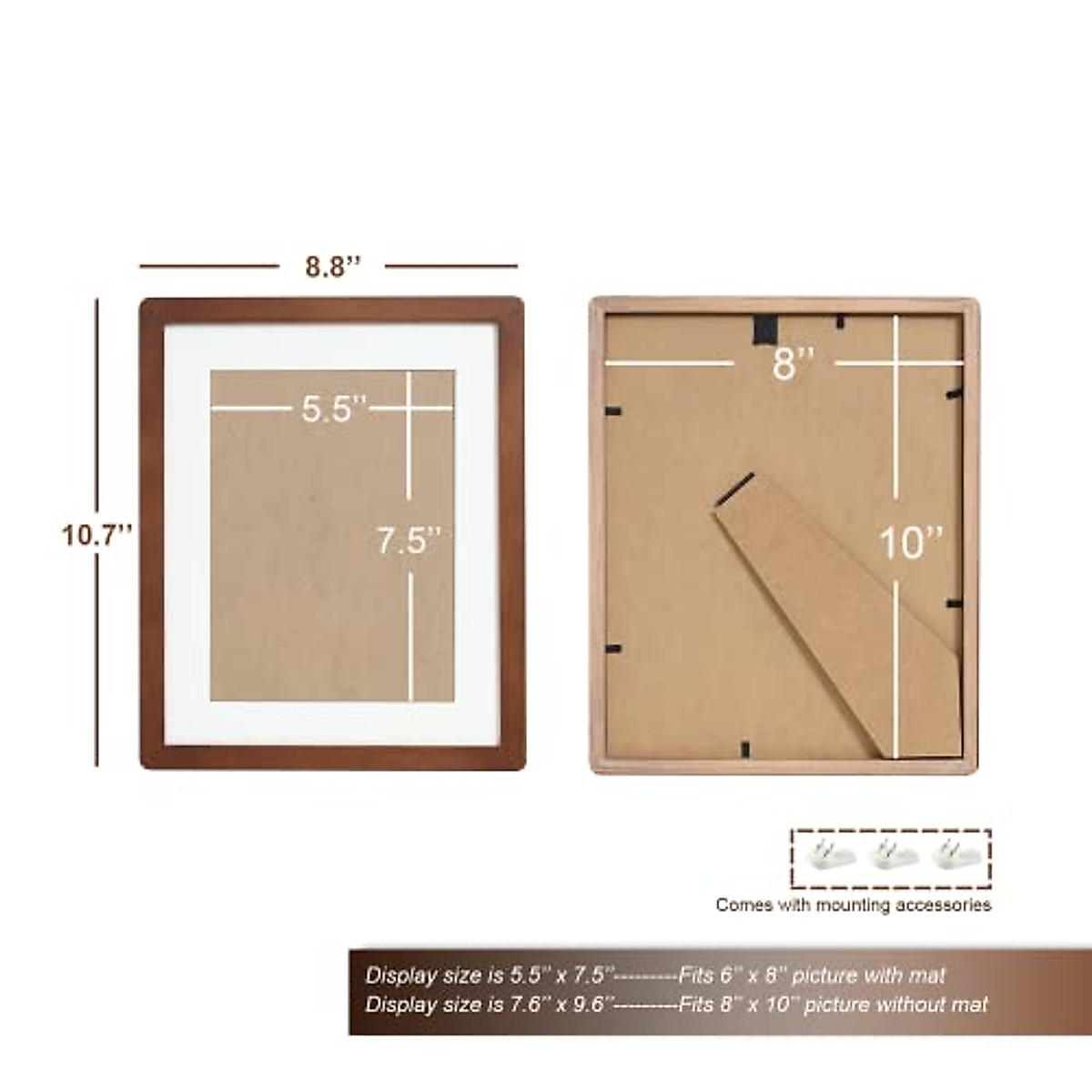 TRAHOME 8x10 Picture Frame,Solid Wood,3 Pack Photo Frames, Display Pictures 6x8 with Mat or 8x10 Without Mat, Gallery Wall Photo Frames-Brown